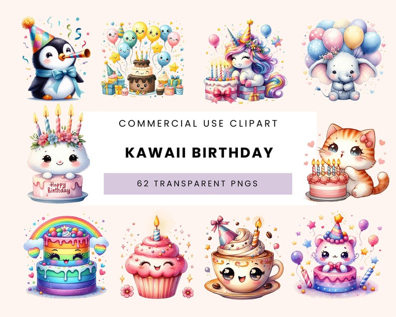 62 Cute Kawaii Birthday Clipart Bundle, Happy Birthday Party Png ...