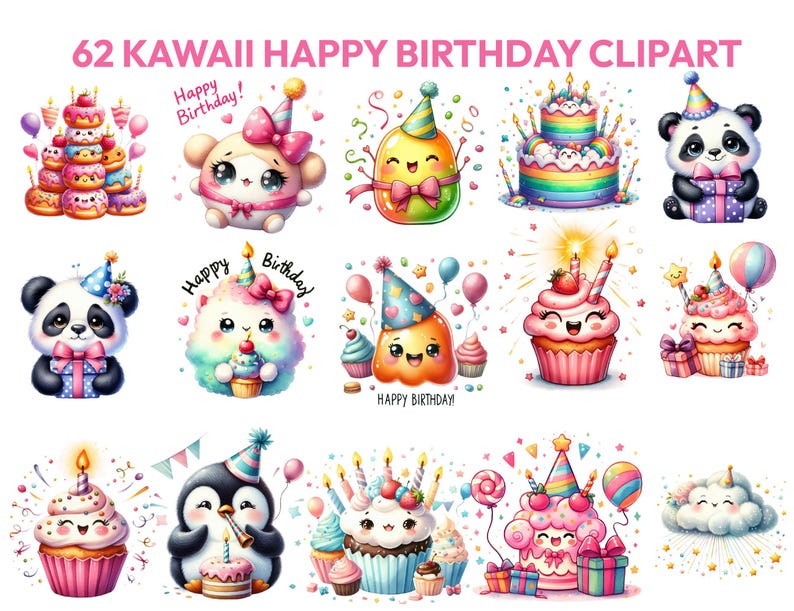 62 Cute Kawaii Birthday Clipart Bundle, Happy Birthday Party Png ...