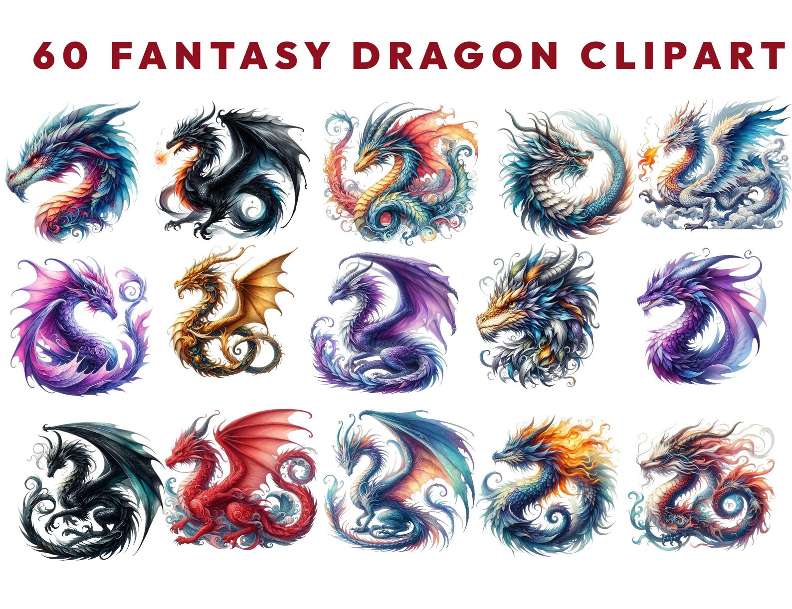 60 Fantasy Watercolor Dragon PNG Clipart, Elemental, Mystical, Gothic ...