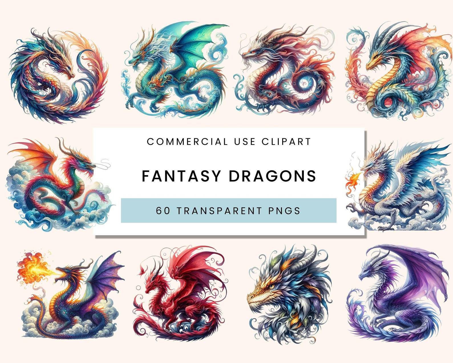 60 Fantasy Watercolor Dragon PNG Clipart, Elemental, Mystical, Gothic ...
