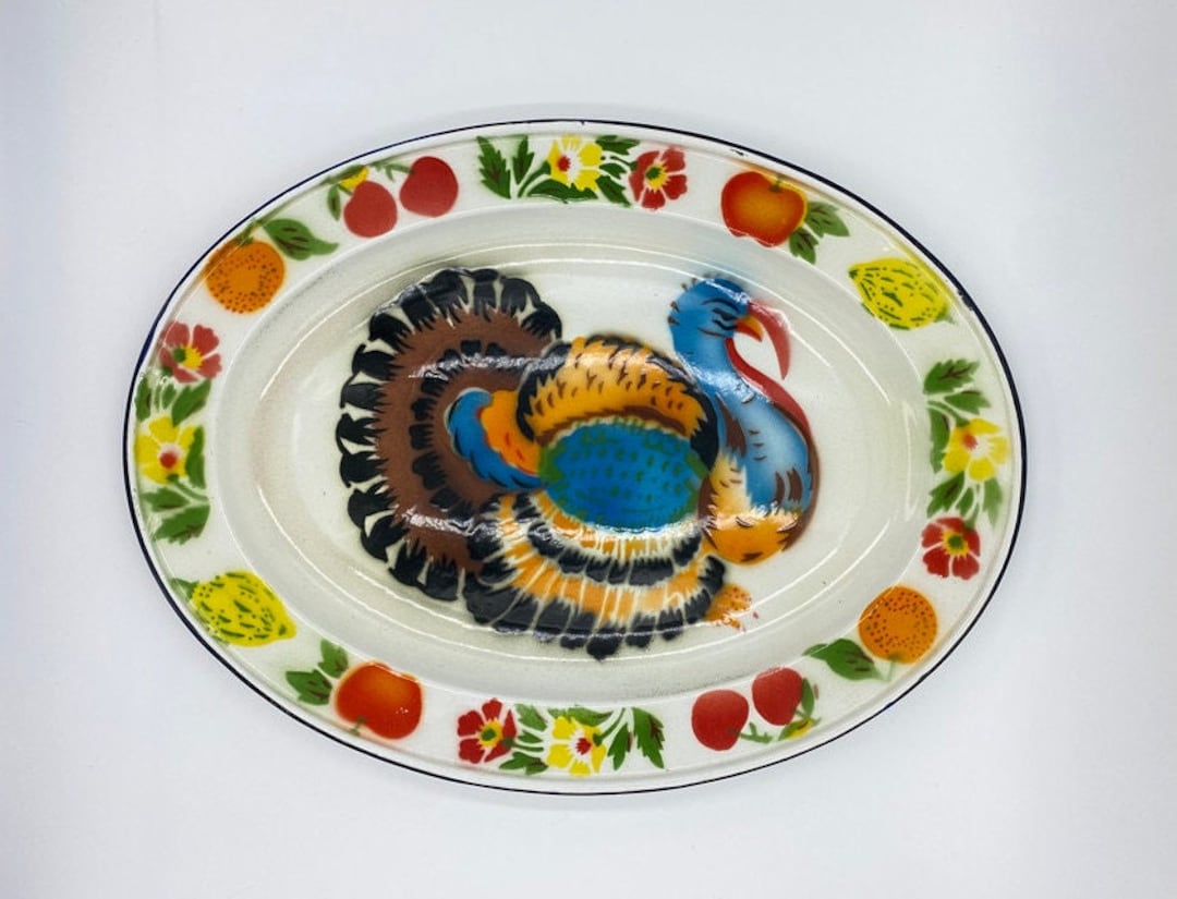 Colorful Vintage Turkey Platter W/ Fruit & Floral Border - Etsy