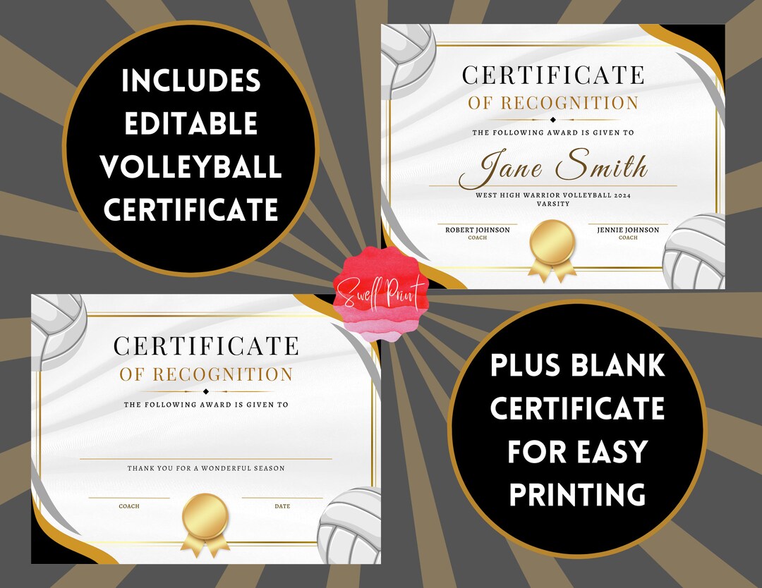 Editable Volleyball Certificate for End of Season, Includes ...