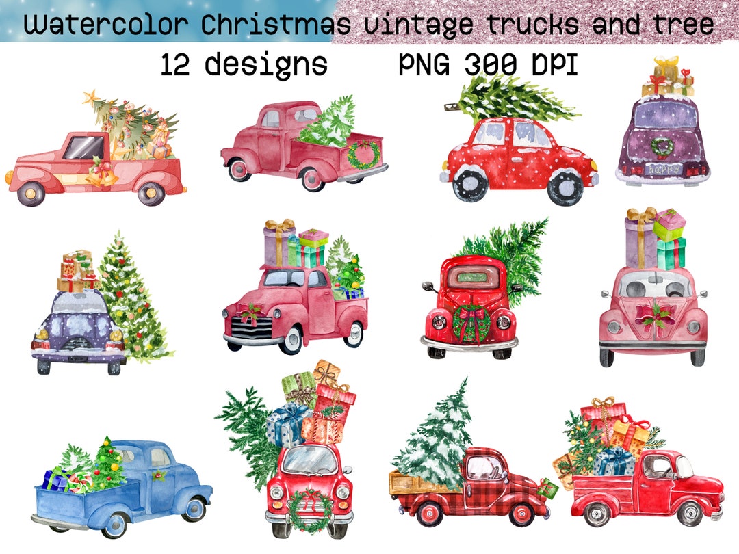 Watercolor Vintage Christmas Trucks Png Christmas Tree and - Etsy