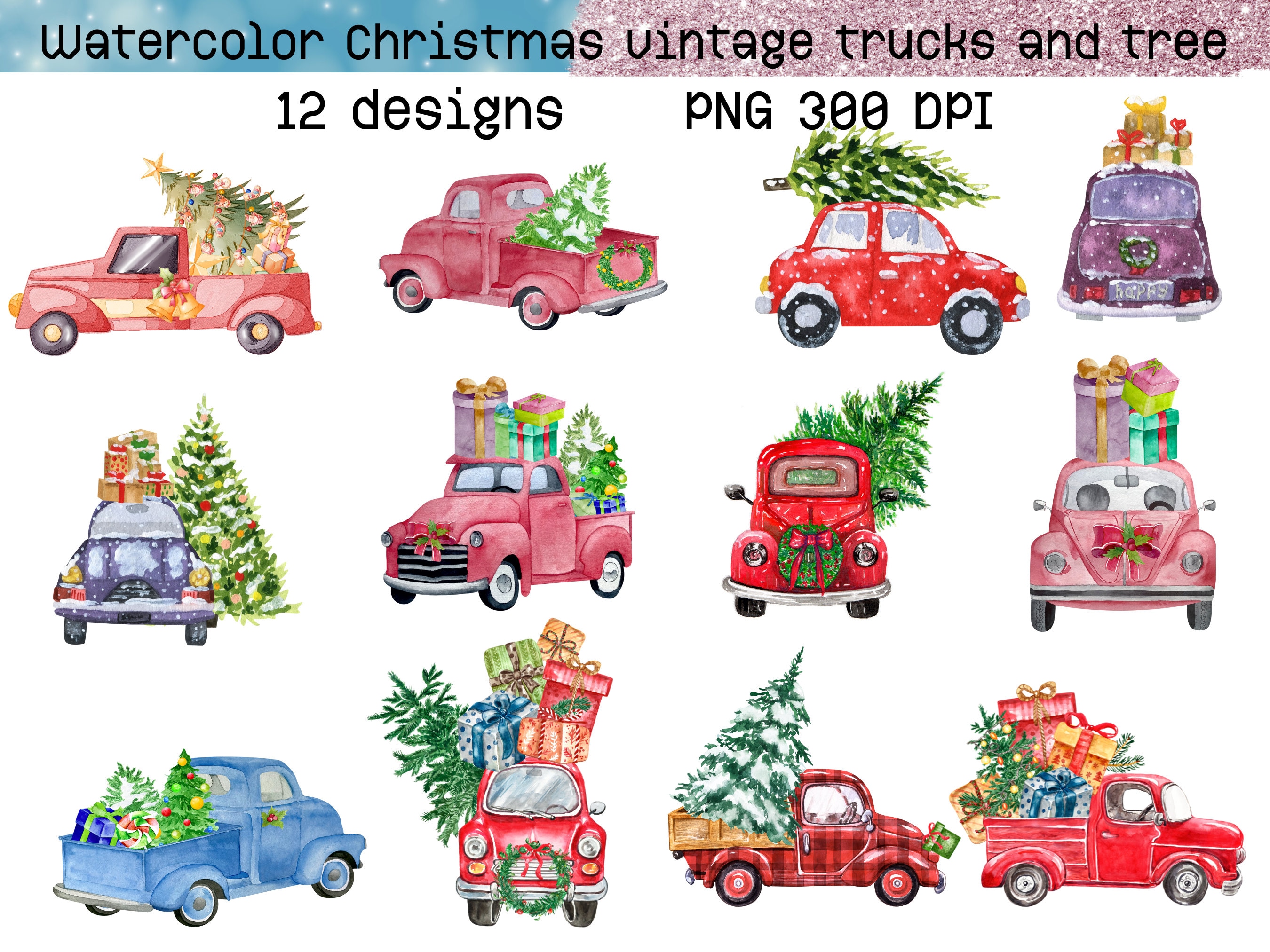 Watercolor Vintage Christmas Trucks Png Christmas Tree and - Etsy