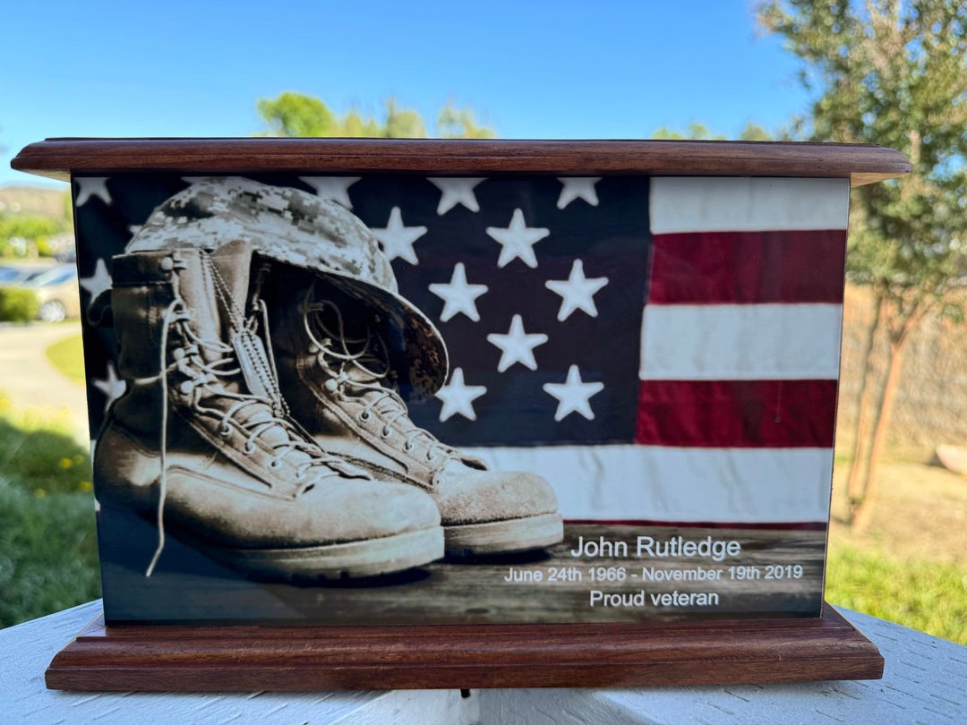 Military Boots Cremation Urn, Armed Forces Custom Wooden Urn With FREE ...