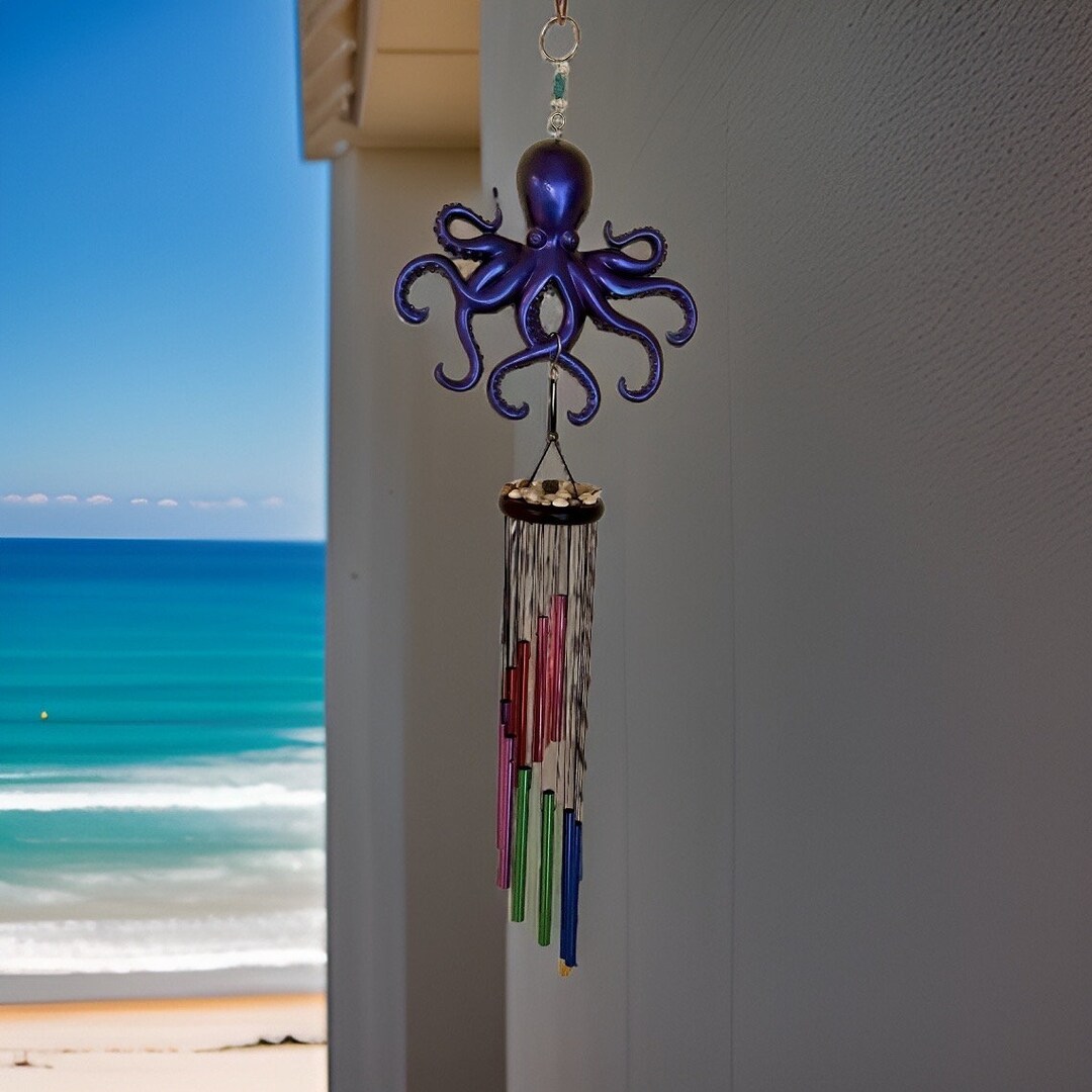 Resin Coastal Purple Octopus With Twelve Colorful Multi-color Windchime ...