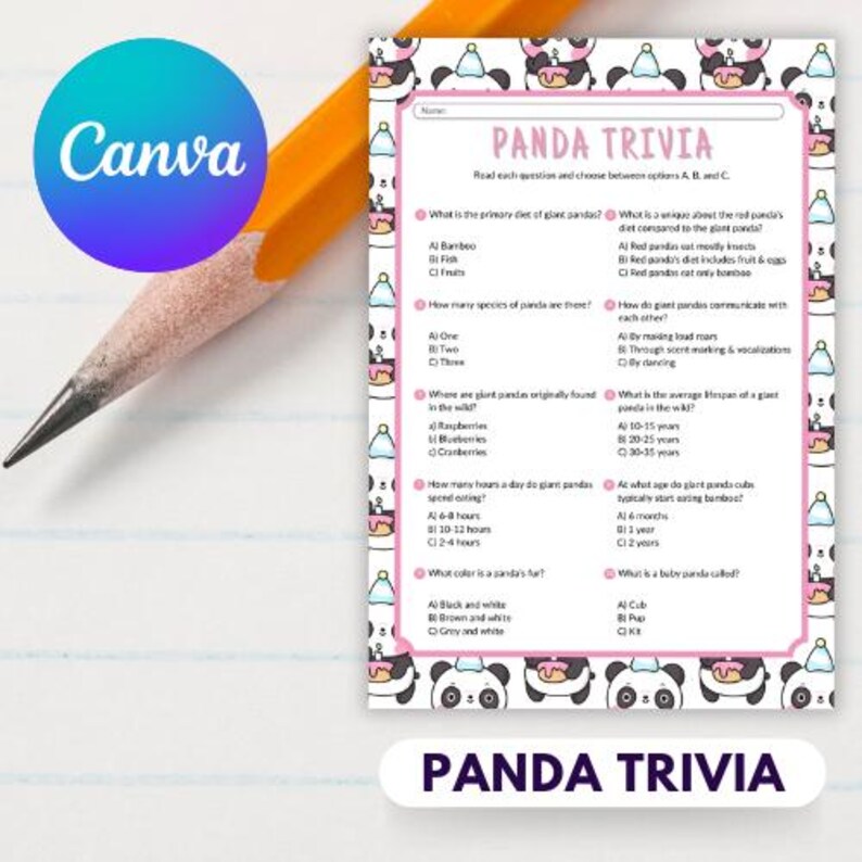 Panda Trivia | Printable Quiz | Birthday Party Game | Canva Editable - Etsy