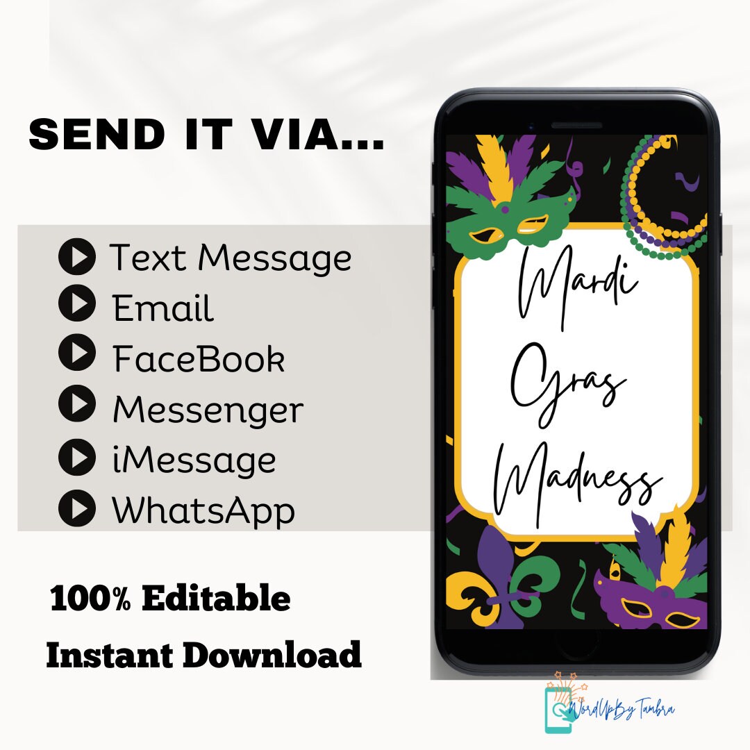 Digital Mardi Gras Party Invitation - Editable Template - Personalized ...