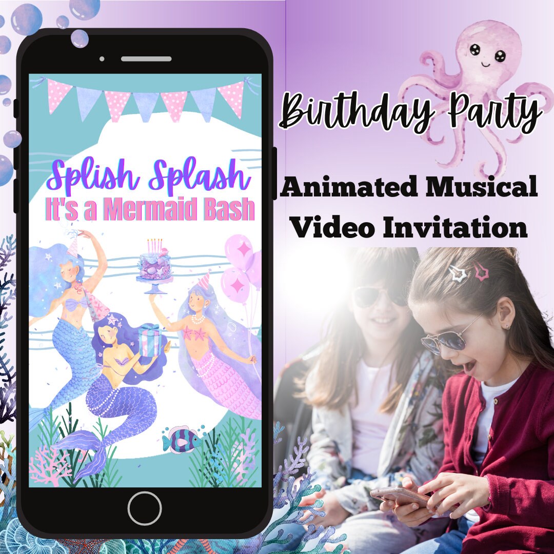 Mermaid Birthday Animated Musical Invitation - Splish Splash Mermaid Bash! - Digital Evite for ...