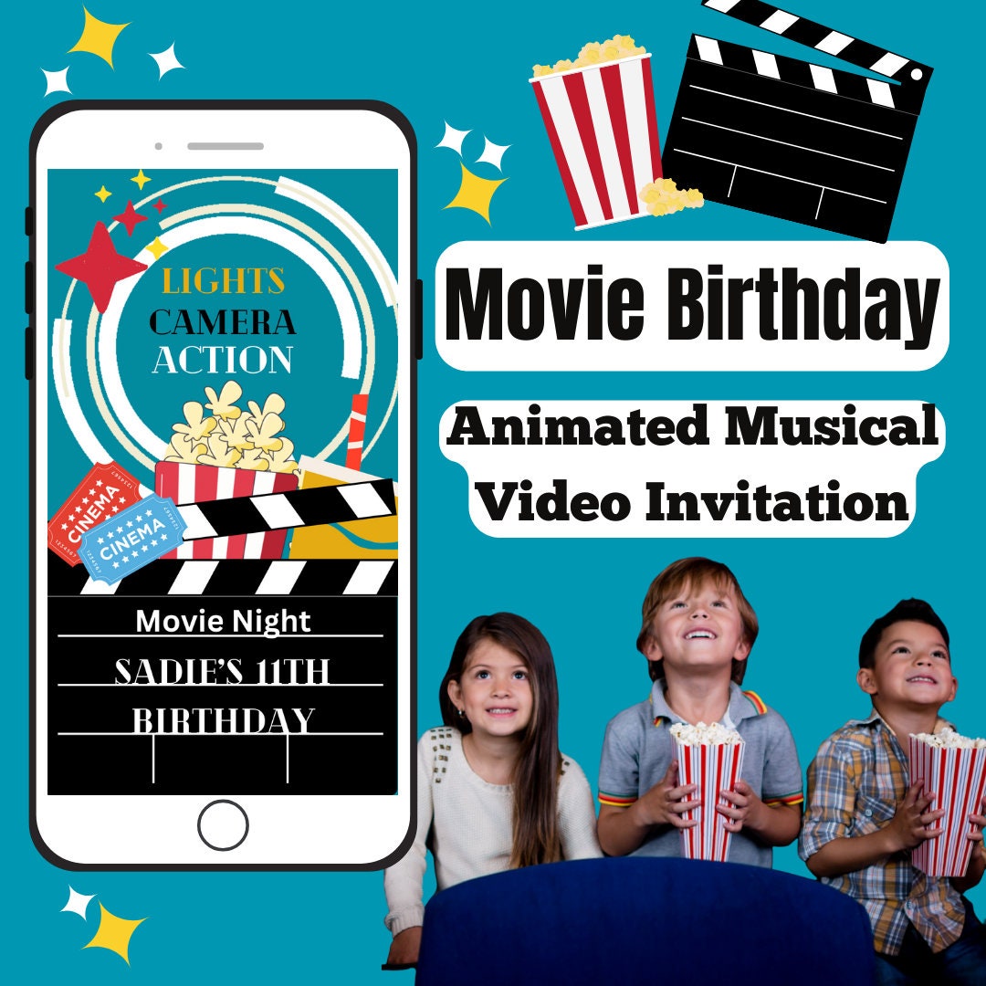 Movie Birthday Party Invitation - Lights, Camera, Action - Editable ...