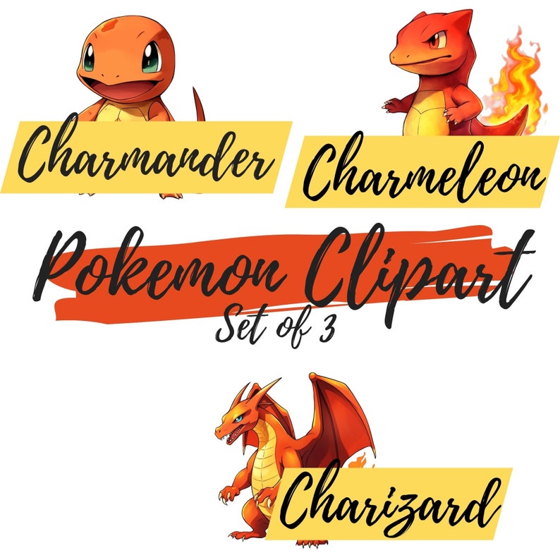 Pokemon Clipart, Set of 3, Charmander, Charmeleon, Charizard. - Etsy