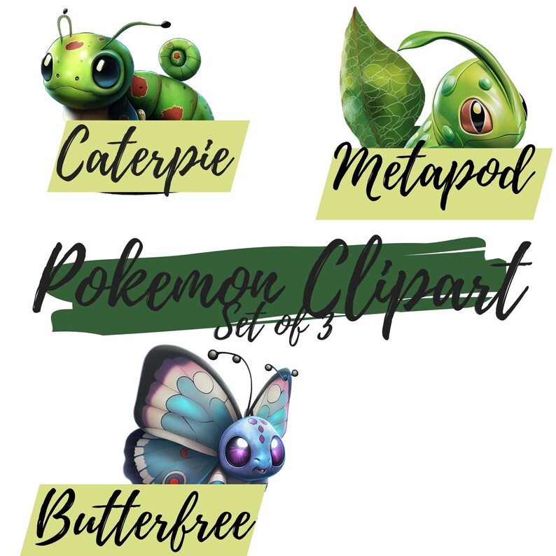Pokemon Clipart, Set of 3, Caterpie, Metapod, Butterfree. - Etsy