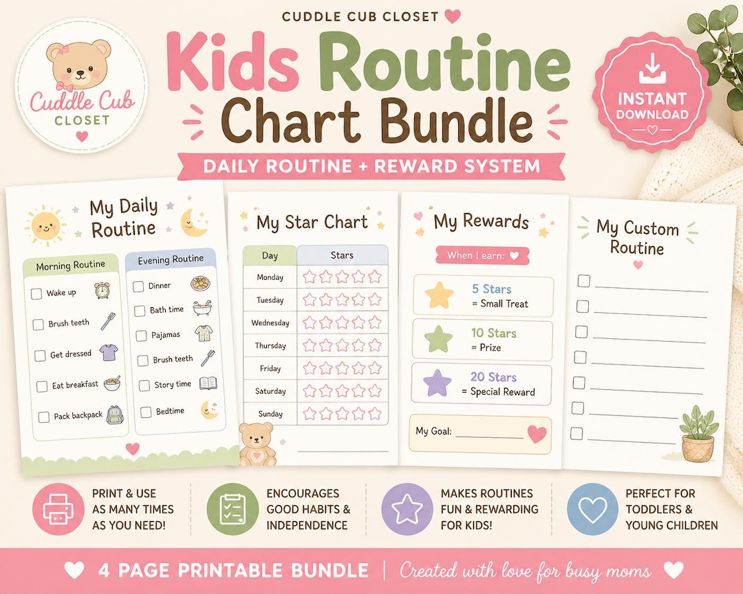 Kids Routine Chart Bundle: Daily, Morning, Bedtime Reward System ...