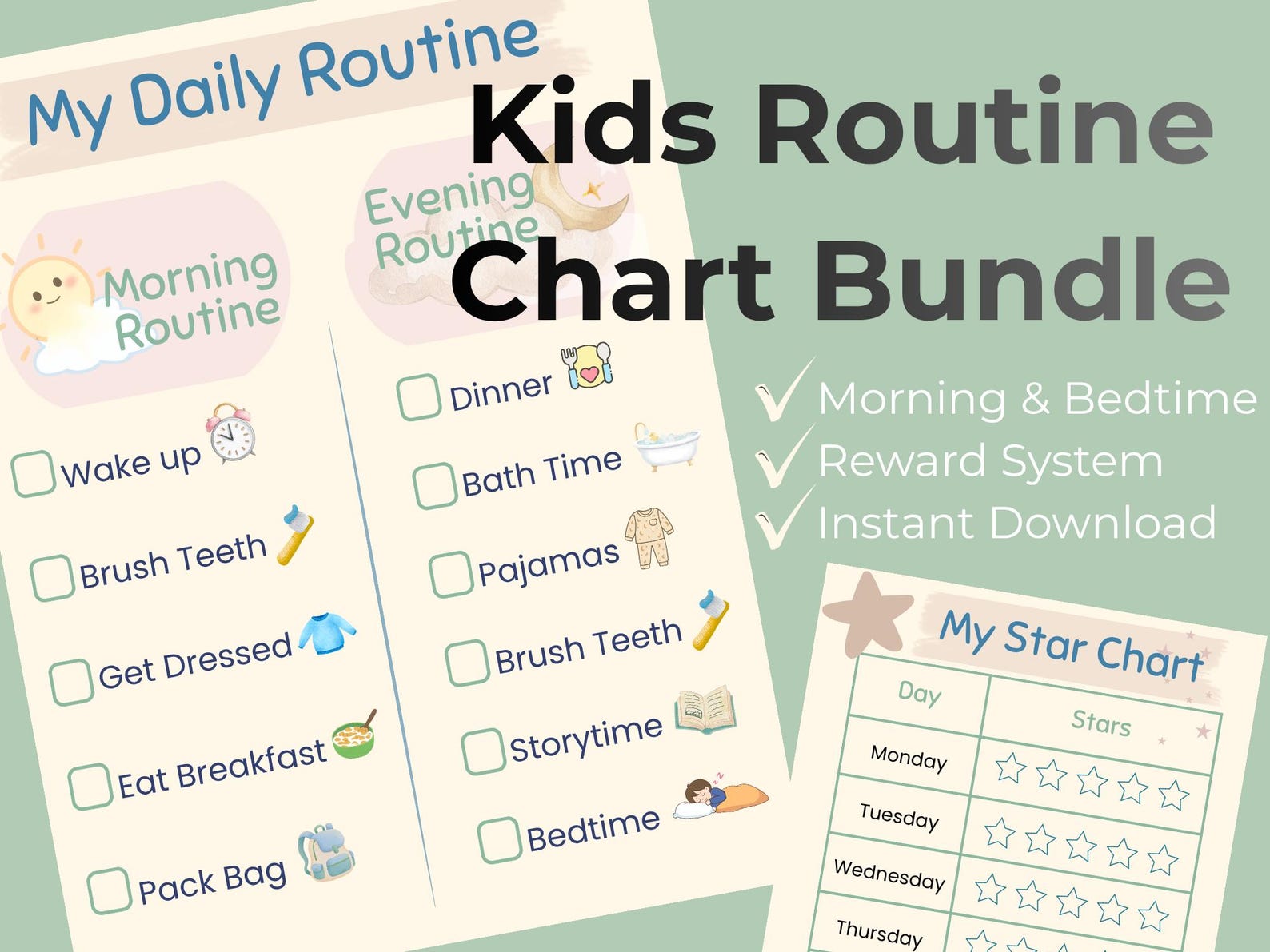 Kids Routine Chart Bundle: Daily, Morning, Bedtime Reward System ...