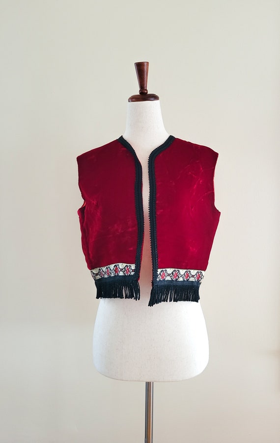 Vintage Red Velvet Fringe Handmade Vest - Gem