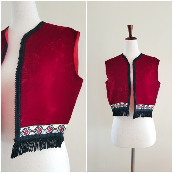 Vintage Red Velvet Fringe Handmade Vest - Gem