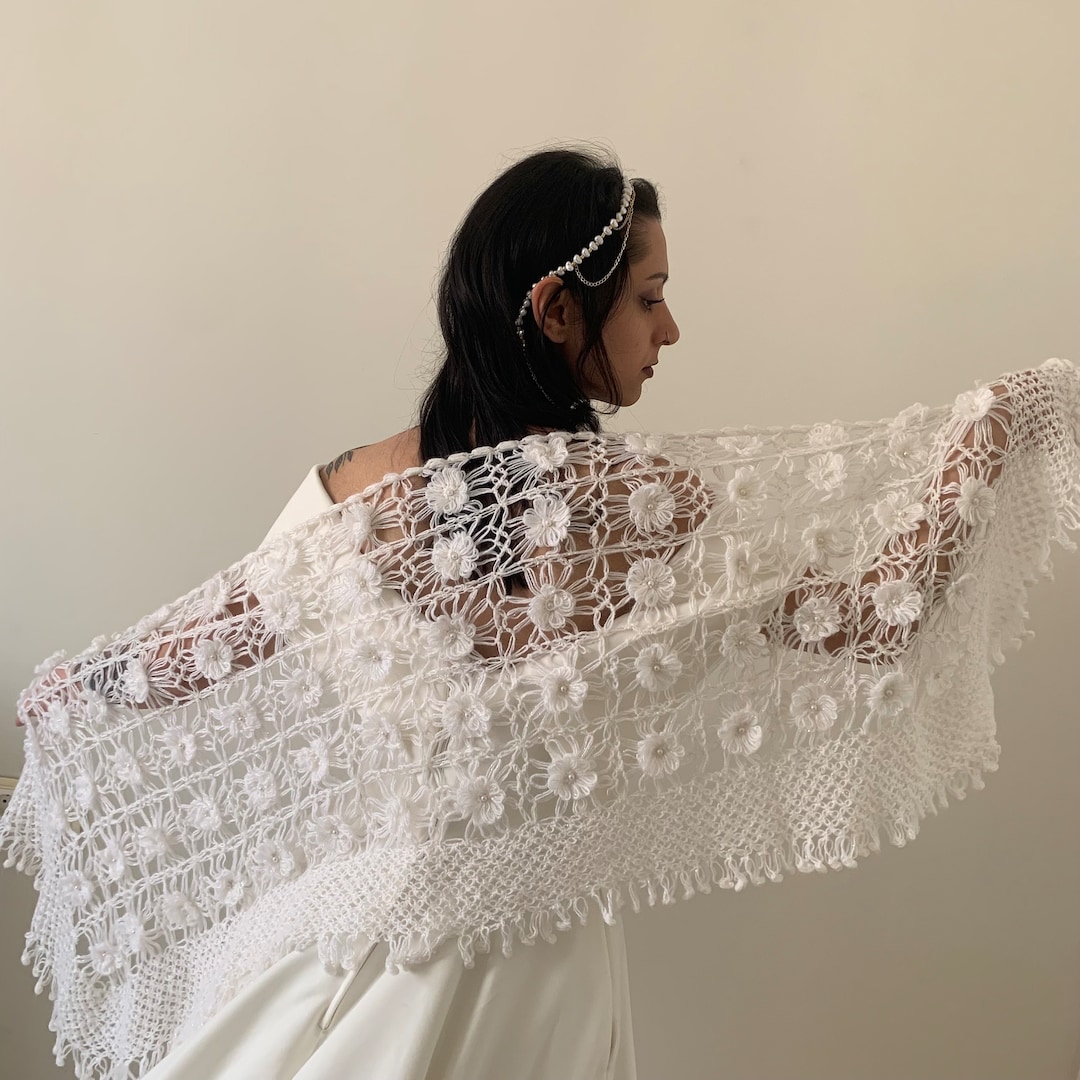 Glittering White Wedding Shawl, Floral Bridal Cover Up, Bridesmaid Gift ...