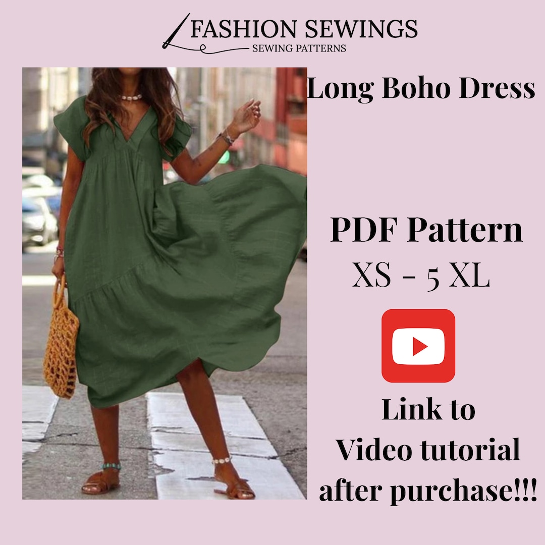 Boho Long Dress Pattern, Woman PDF Sewing Printable Pattern, Size XS ...