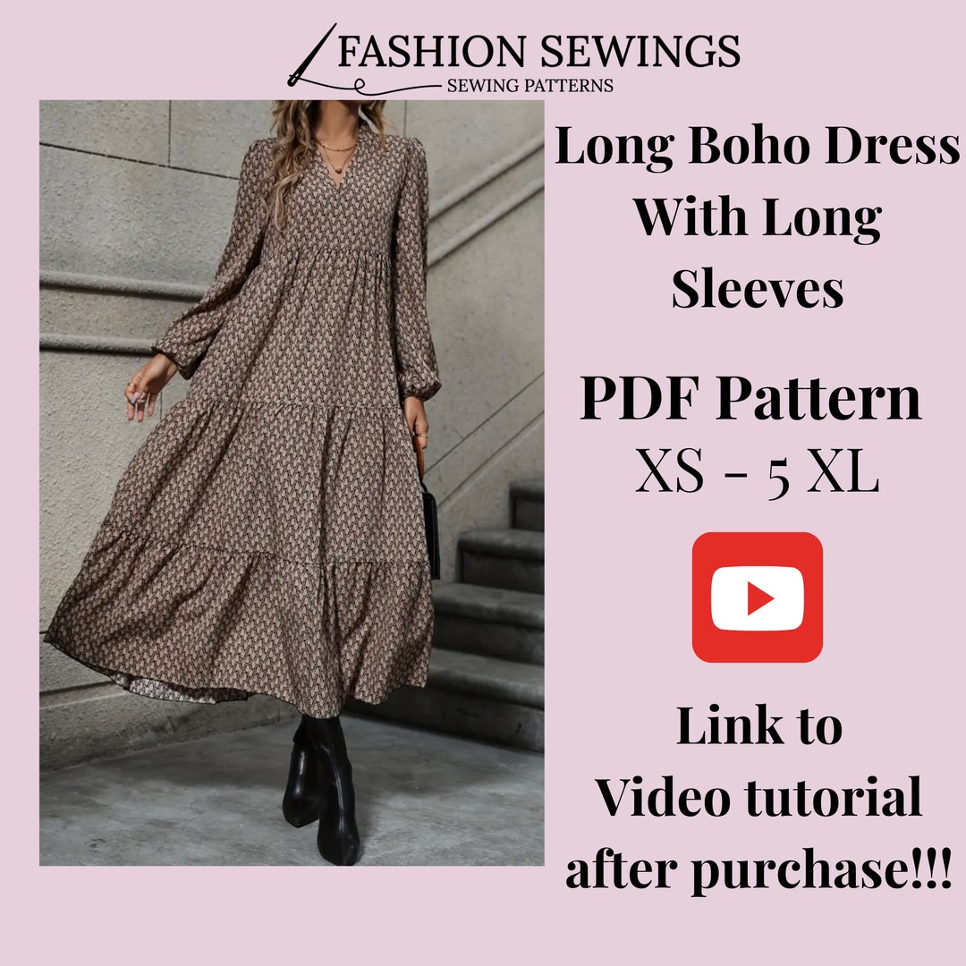 Boho Long Dress Pattern, Woman PDF Sewing Printable Pattern, Size XS-5XXL, Plus Sizes Patterns ...
