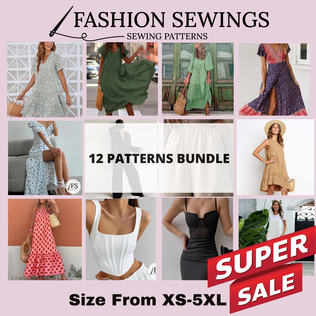 12 Patterns Bundle, Woman PDF Sewing Printable Pattern, Size XS-5XXL ...