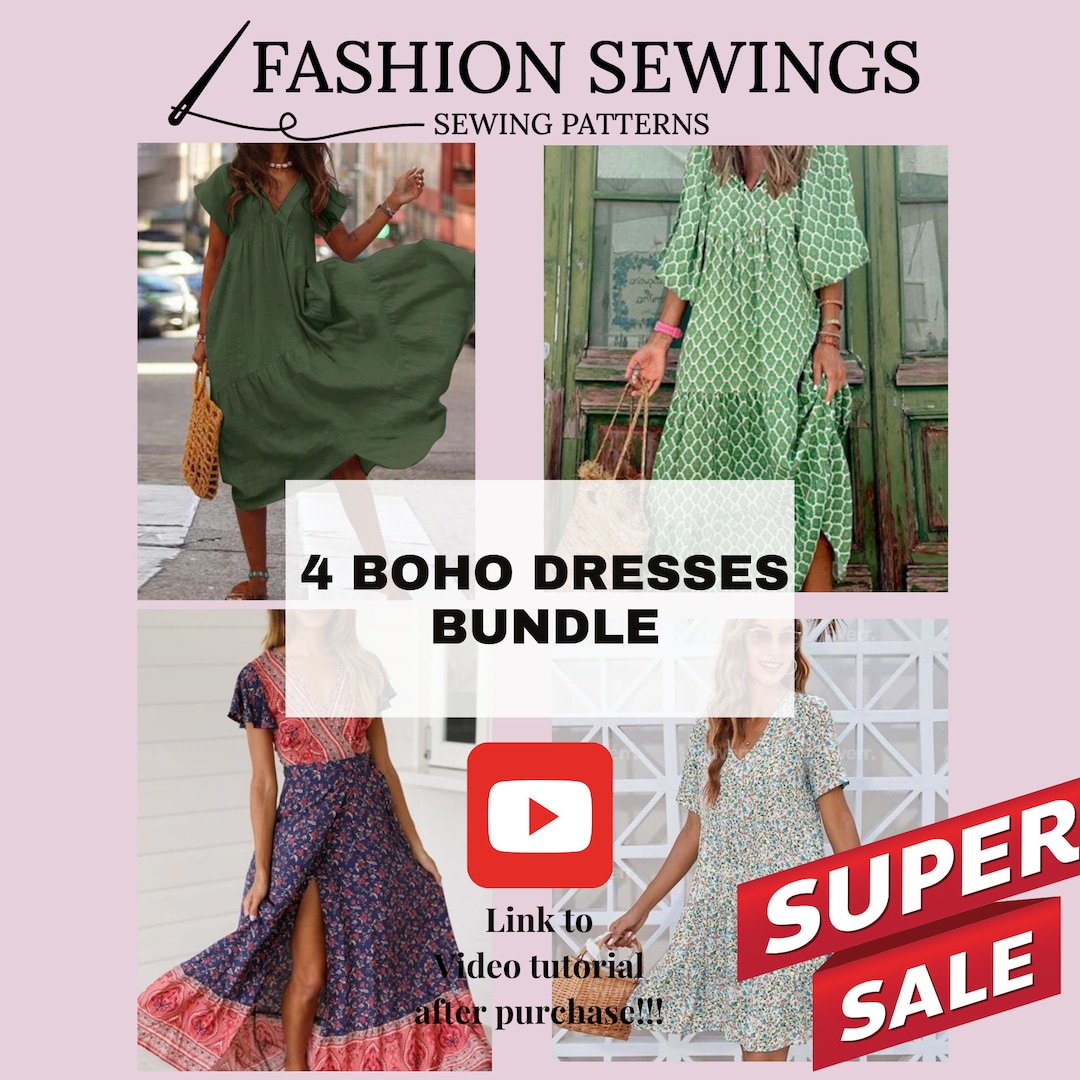 4 Dresses Sewing Patterns Bundle + Video Tutorial, Woman PDF Sewing ...