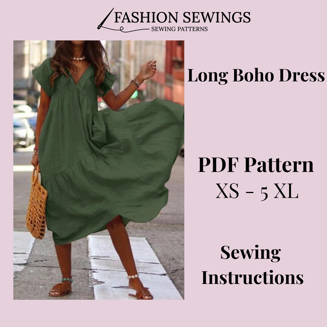 Boho Long Dress Pattern, Woman PDF Sewing Printable Pattern, Size XS ...
