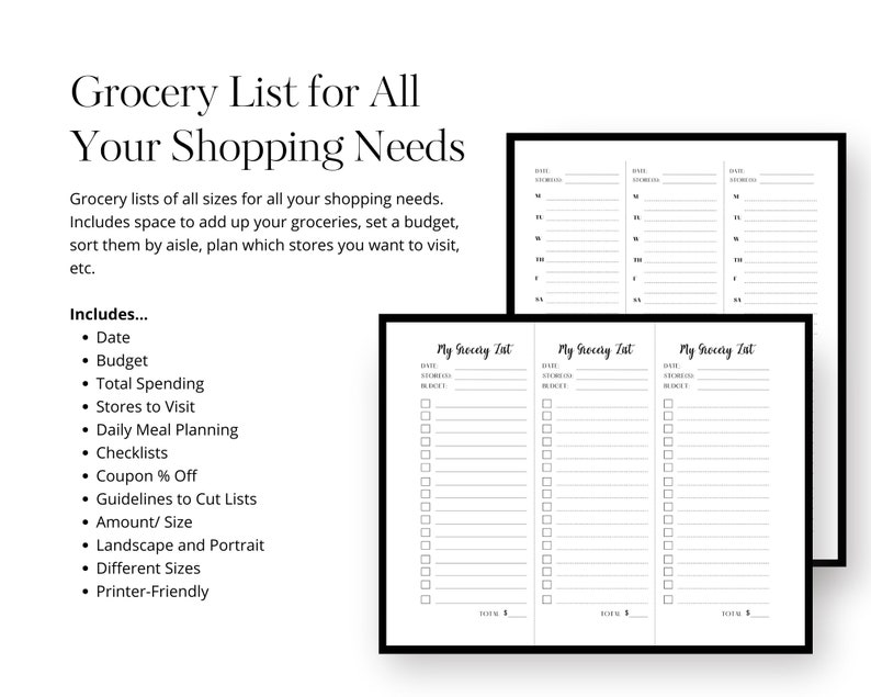Printable Grocery List, Grocery Budget List, Shopping List, Meal ...