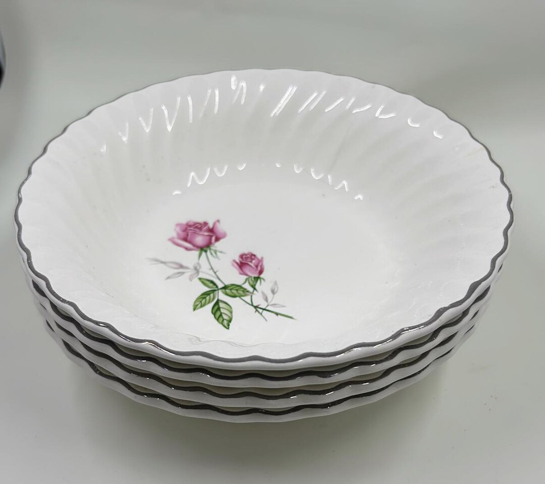 Scio Pottery Dorset Pink Rose Pattern White With Silver Edges and ...