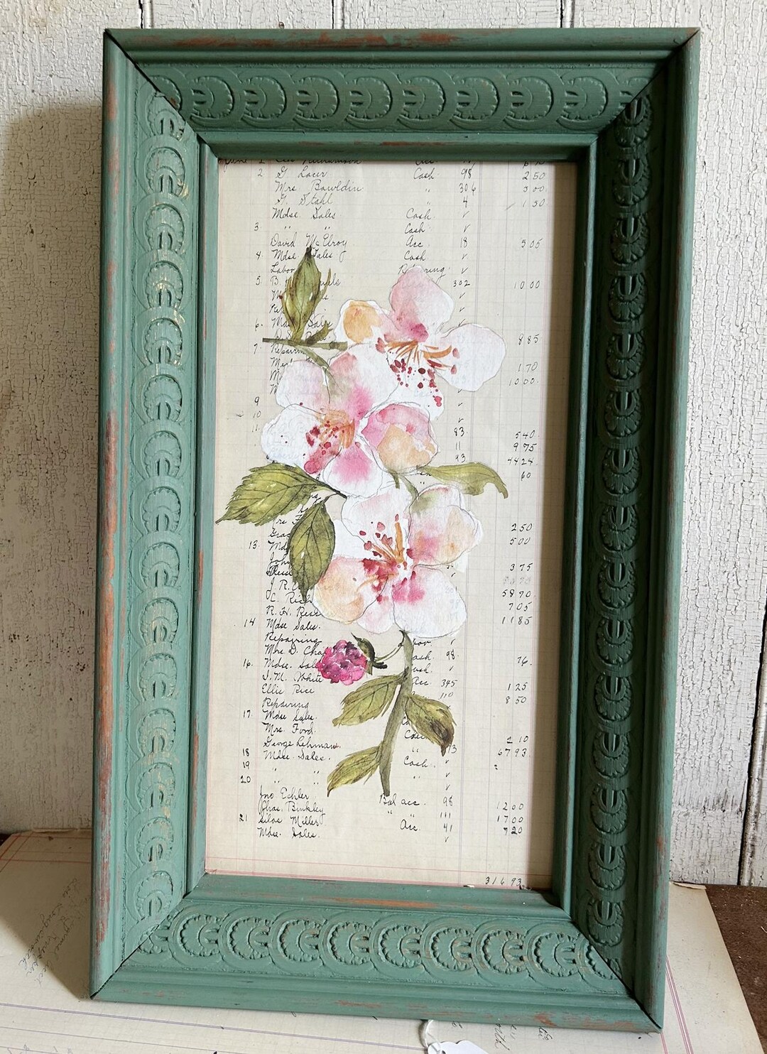 Cottagecore Framed Pink Flowers on Old Ledger Page in Carved Sage Green ...