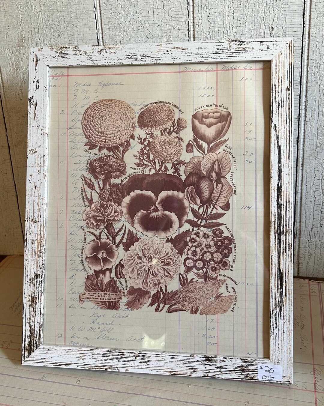 Framed Wall Decor Floral Picture on Antique Ledger Paper Brown White ...