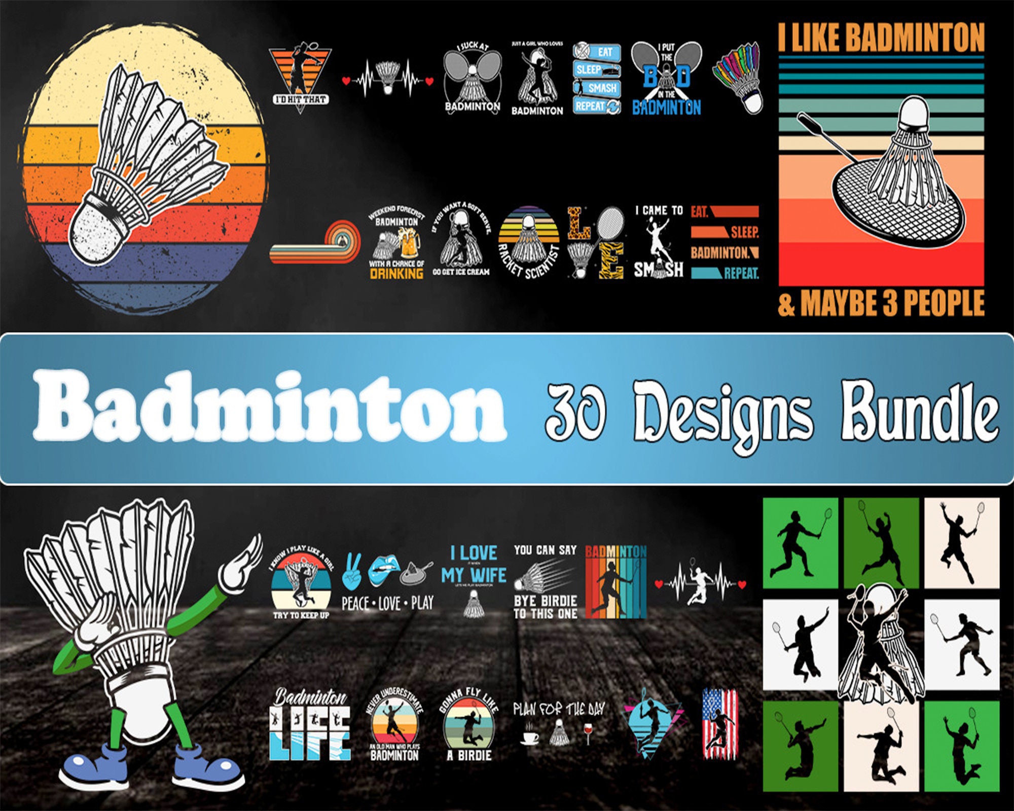 30 Editable Badminton Design Bundle | Eps - Svg - Png - Dxf| Multiple ...