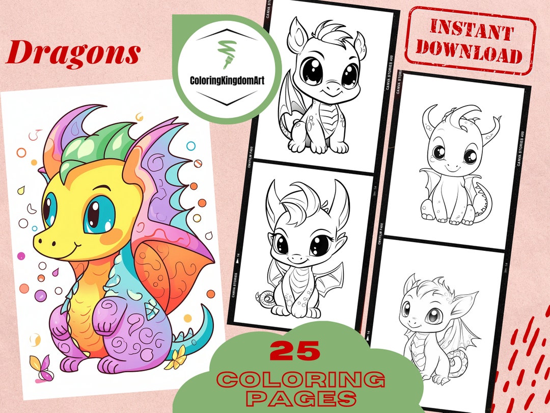 Cute Dragon Coloring Book Kawaii Style, 25 Coloring Pages, Fantasy ...