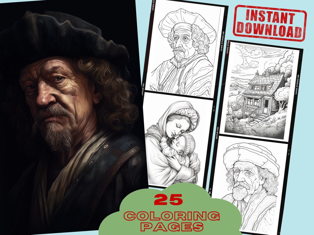 Modern Rembrandt Inspired Coloring Book, 25 Artistic Pages, Abstract ...