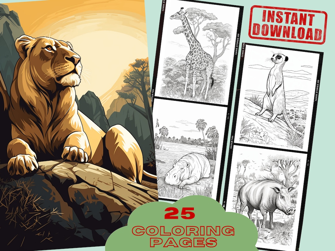 African Animals Coloring Book, 25 Pages, Safari Wildlife Coloring Book ...
