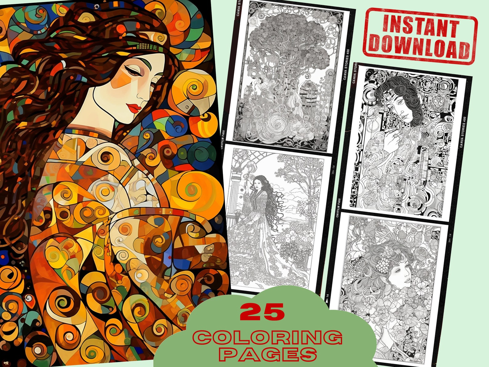 Modern Gustav Klimt Inspired Coloring Book, 25 Artistic Pages, Abstract ...