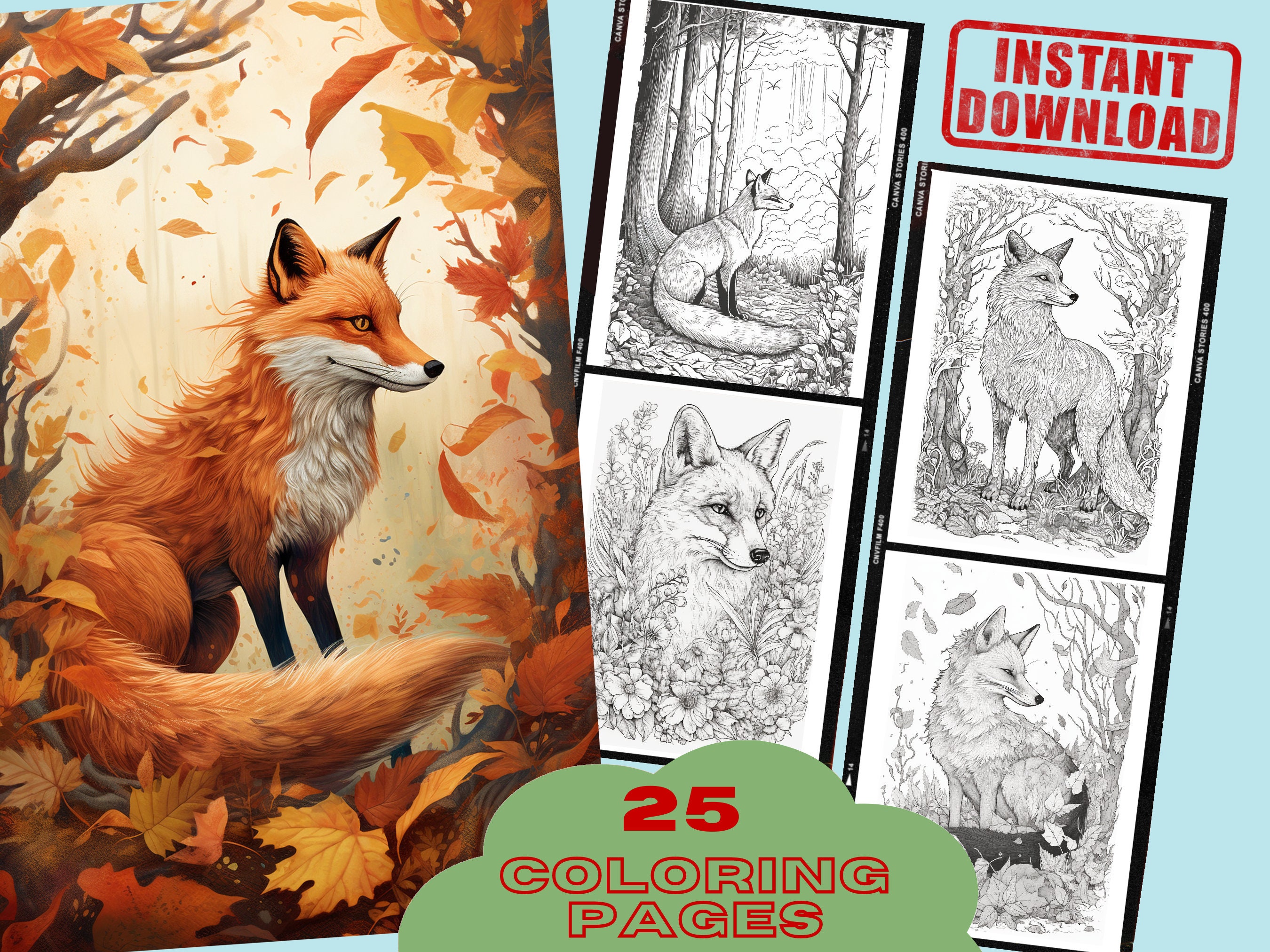 Realistic Foxes Coloring Book, 25 Pages, Wild Foxes Coloring Book, Cute ...