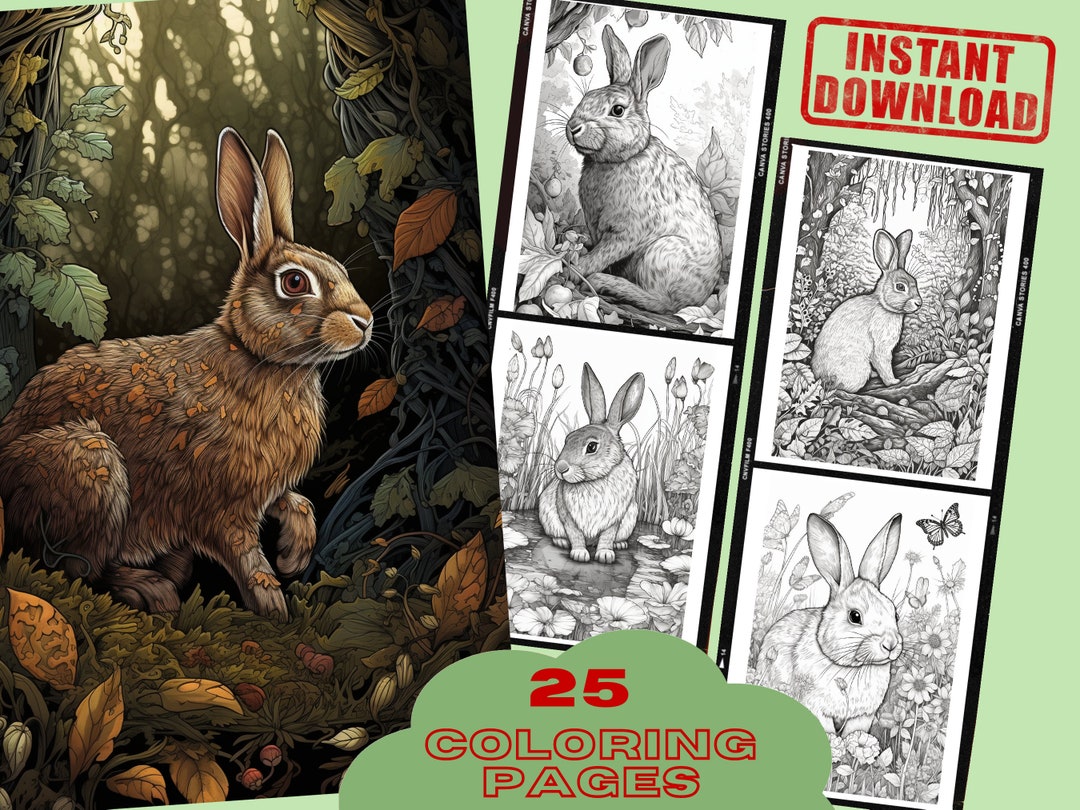 Realistic Rabbit Coloring Book, 25 Pages, Detailed Rabbits Coloring ...