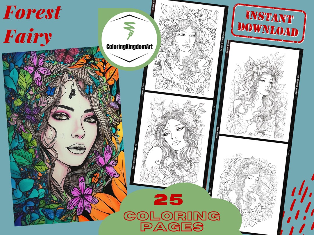 Forest Fairy Coloring Book Cartoon Style, 25 Coloring Pages, Fantasy ...