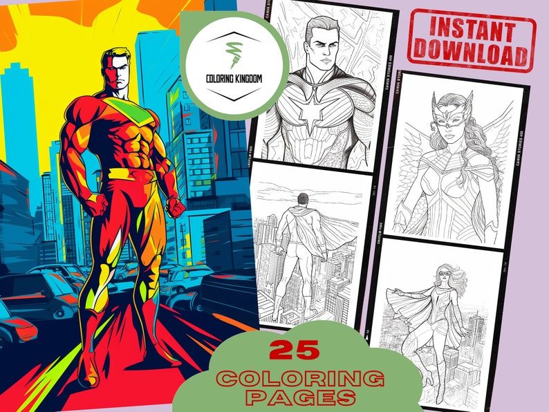 Superhero Coloring Book, Realistic and Comic Style, 25 Coloring Pages ...