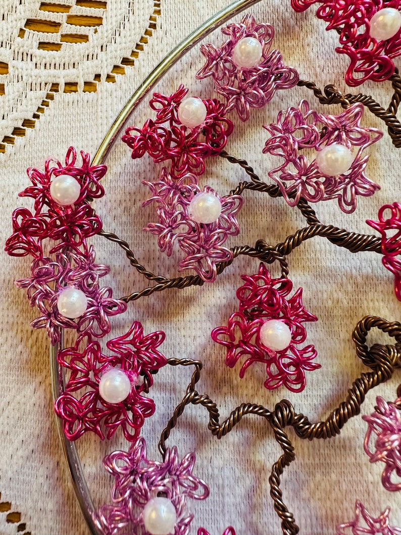 Wire Tree With Pink Flowers With Pearl Colored Beads. Brown Trunk. Sun ...