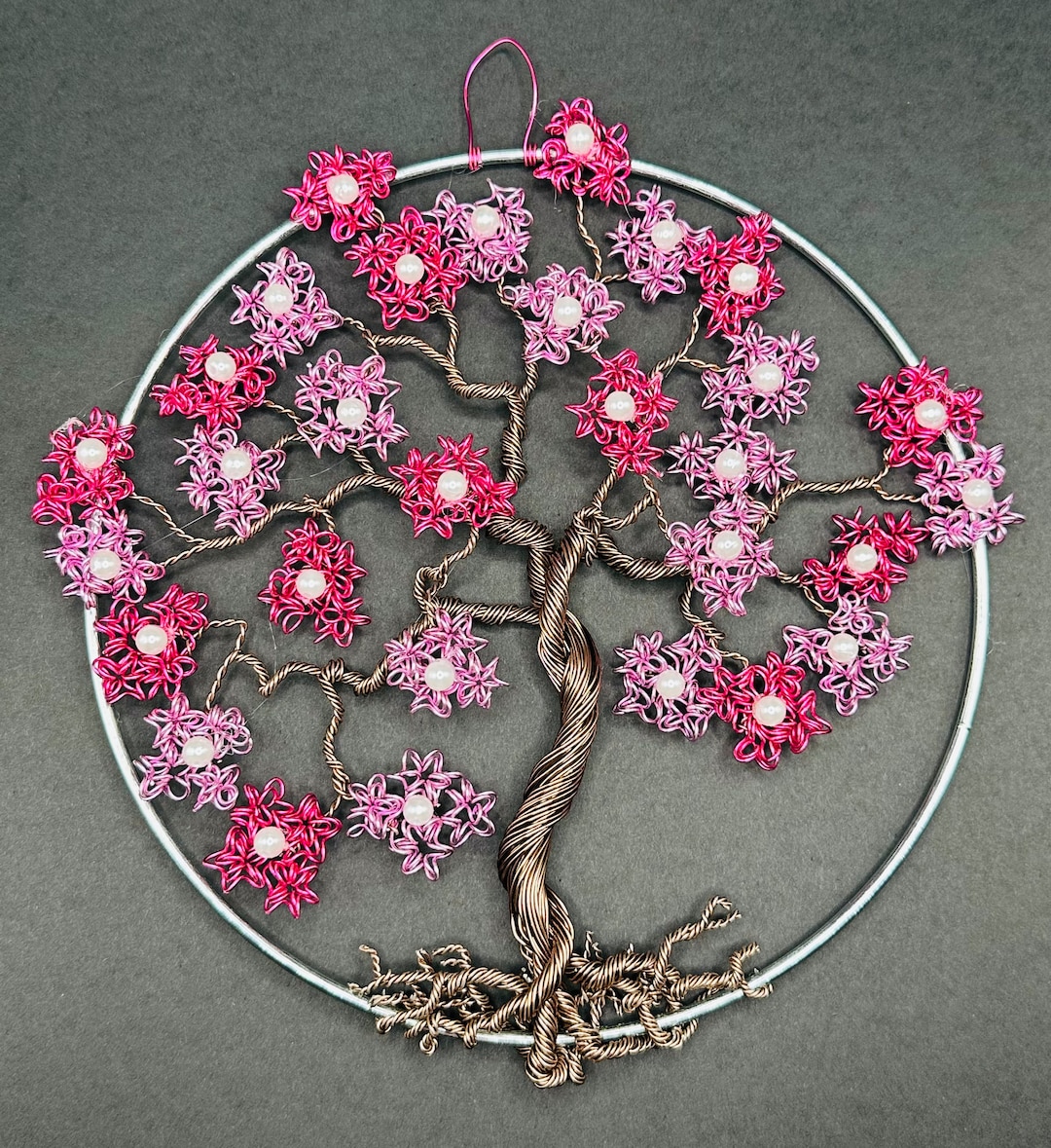 Wire Tree With Pink Flowers With Pearl Colored Beads. Brown Trunk. Sun ...