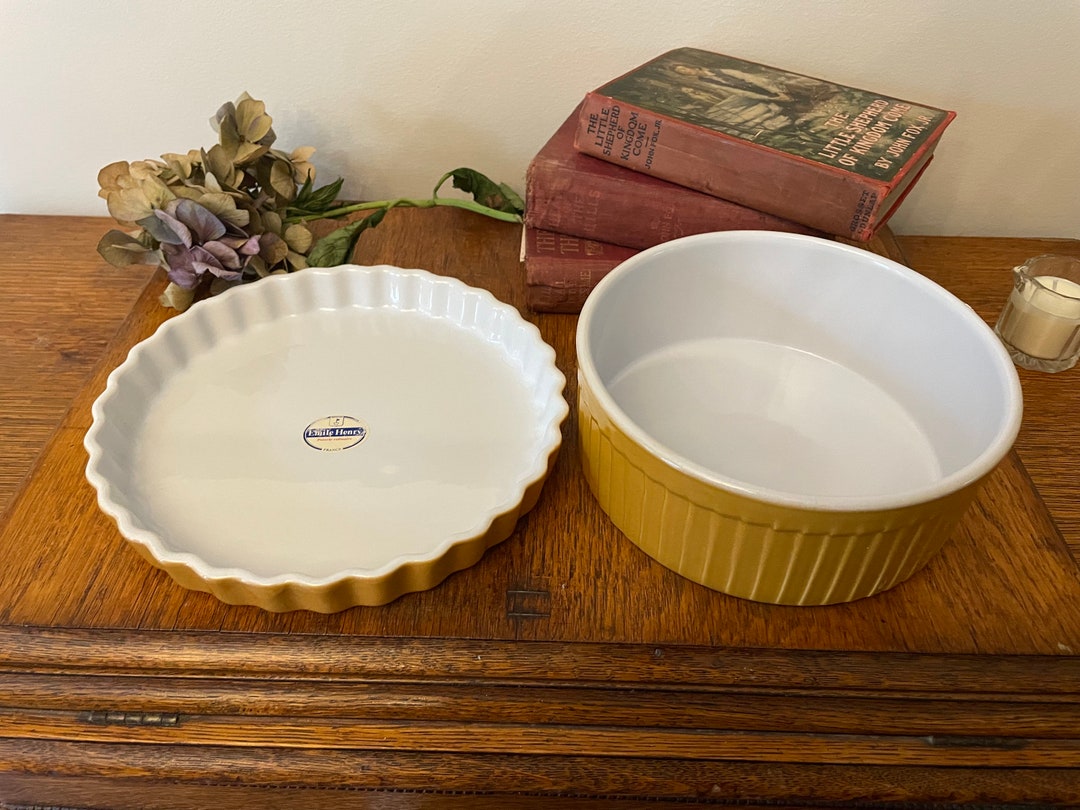 Two Emile Henry Made in France Baking Dishes, One Soufflé 8" Yellow ...