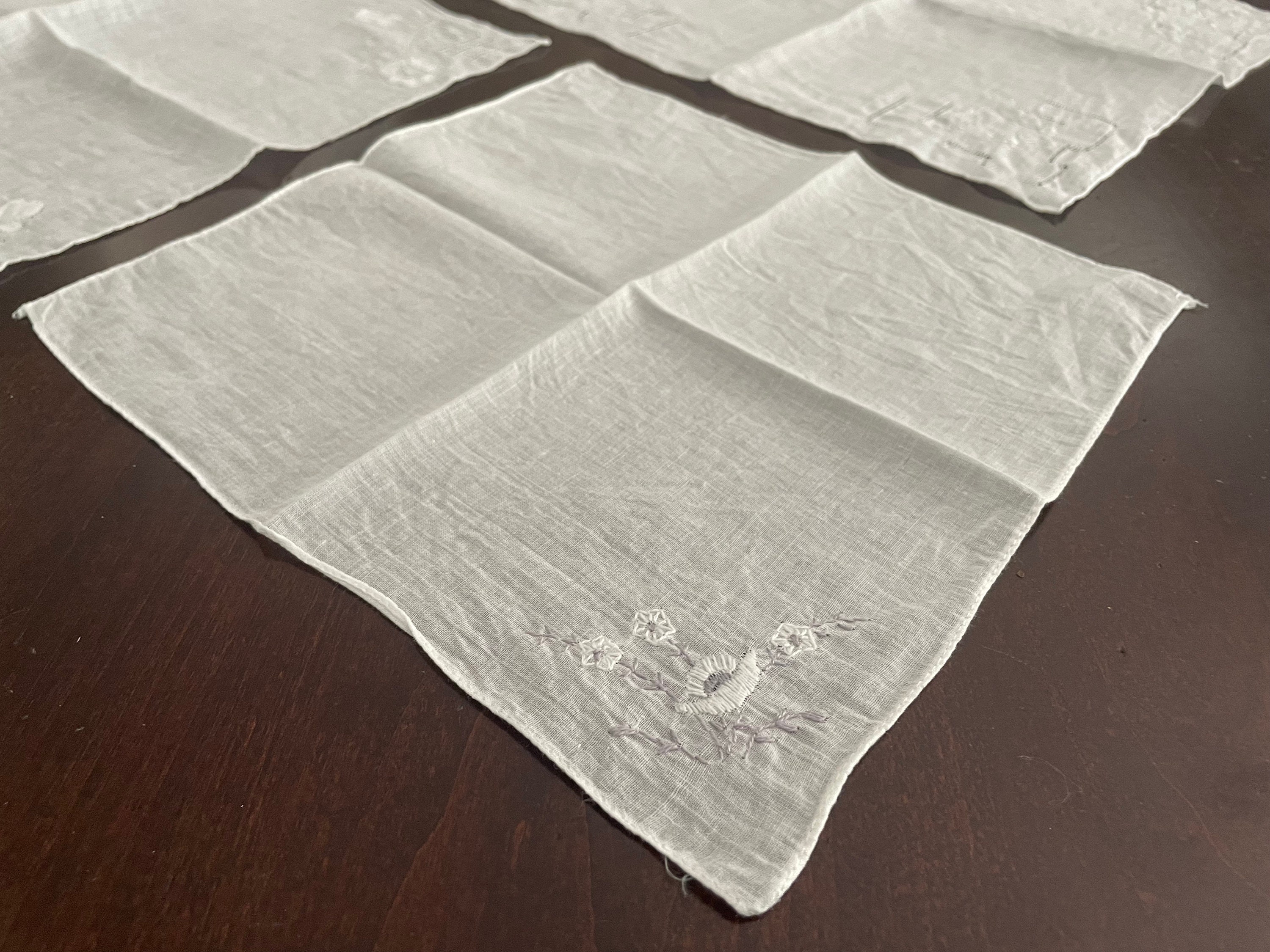 Four Delicate White and Gray Handkerchiefs, A Variety of Mid-century ...