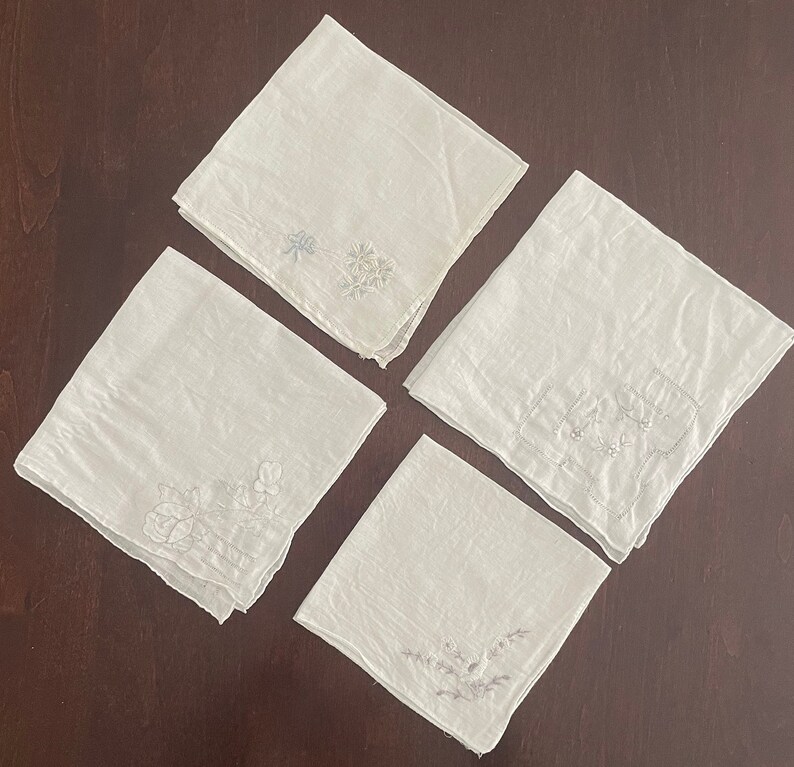 Four Delicate White and Gray Handkerchiefs, A Variety of Mid-century ...