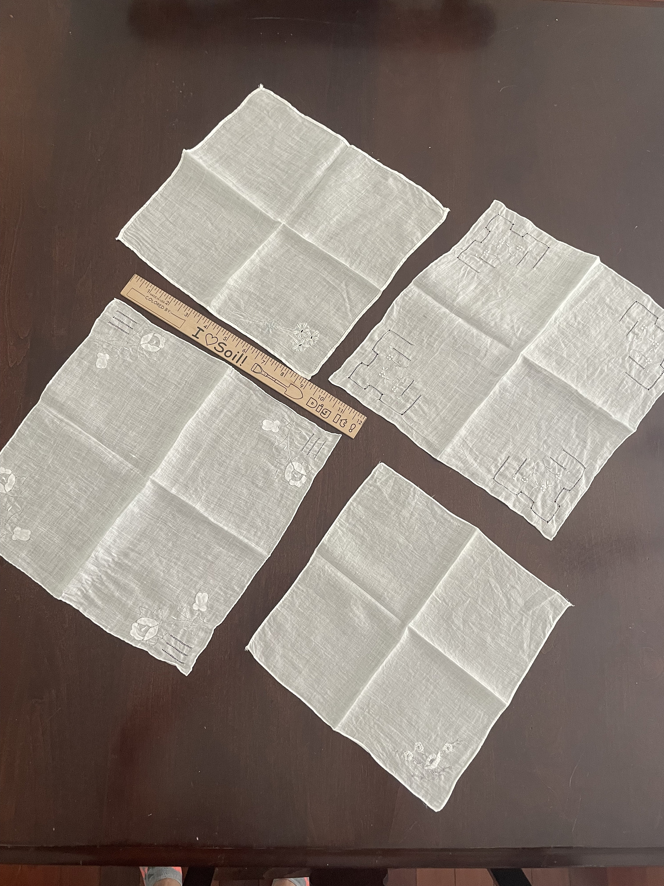 Four Delicate White and Gray Handkerchiefs, A Variety of Mid-century ...