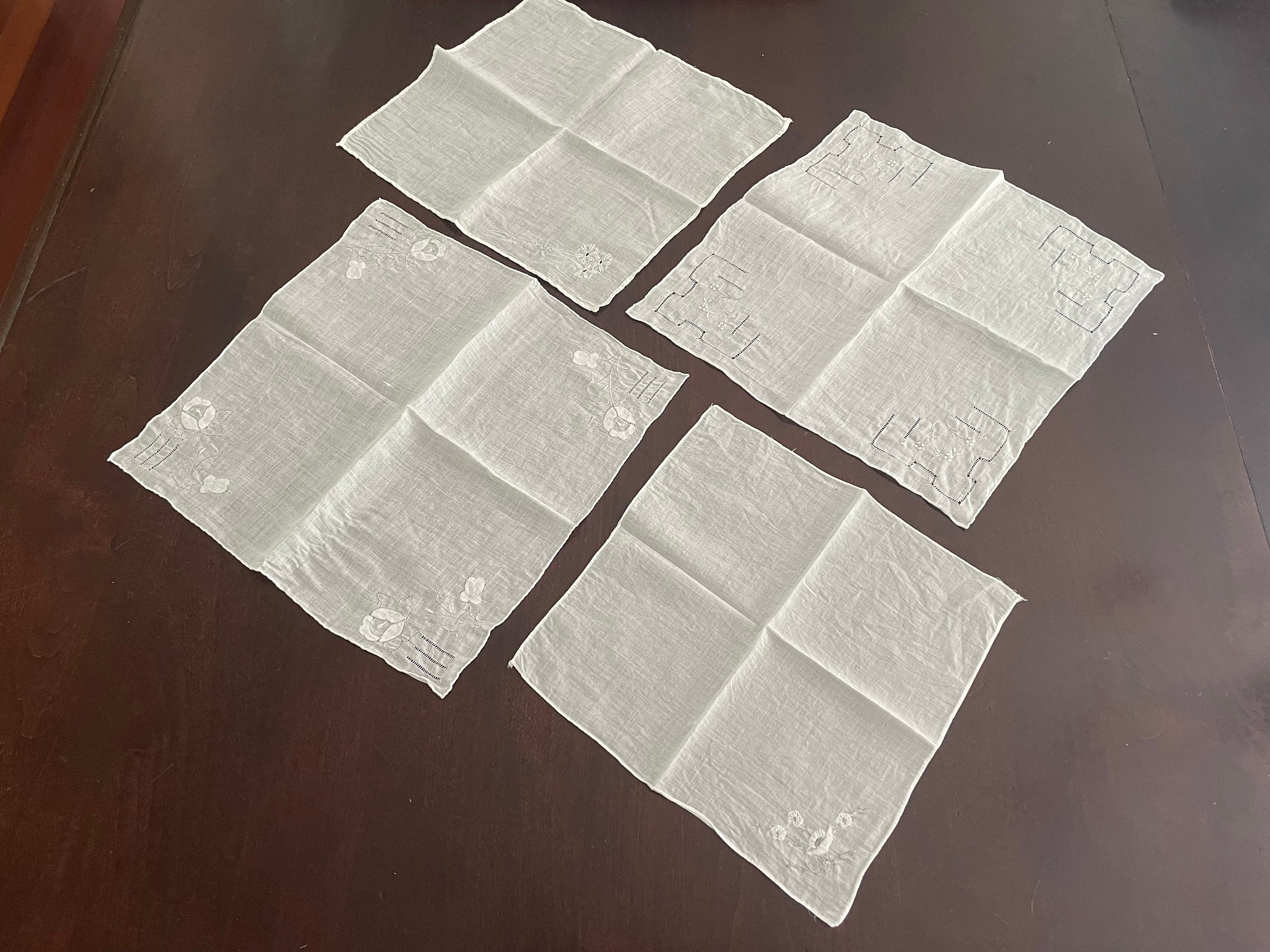Four Delicate White and Gray Handkerchiefs, A Variety of Mid-century ...