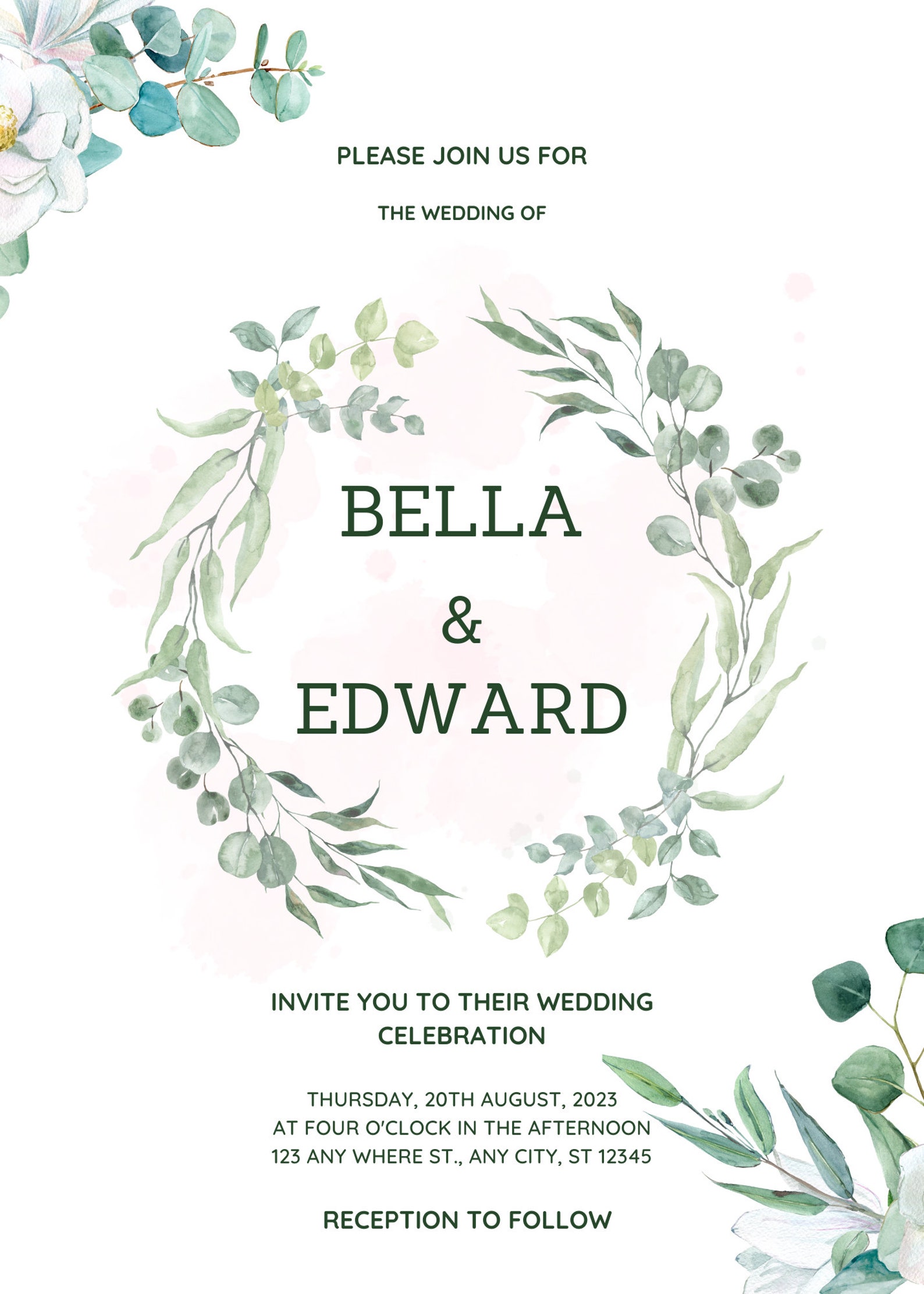 Greenery Wedding Invitation Template Printable Wedding Invitation ...