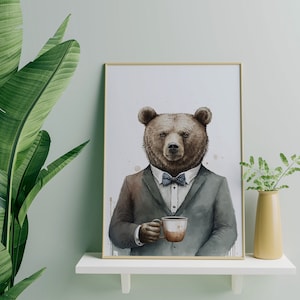 Cute Bear Drinking Coffee Watercolor Print - Instant Download - Etsy