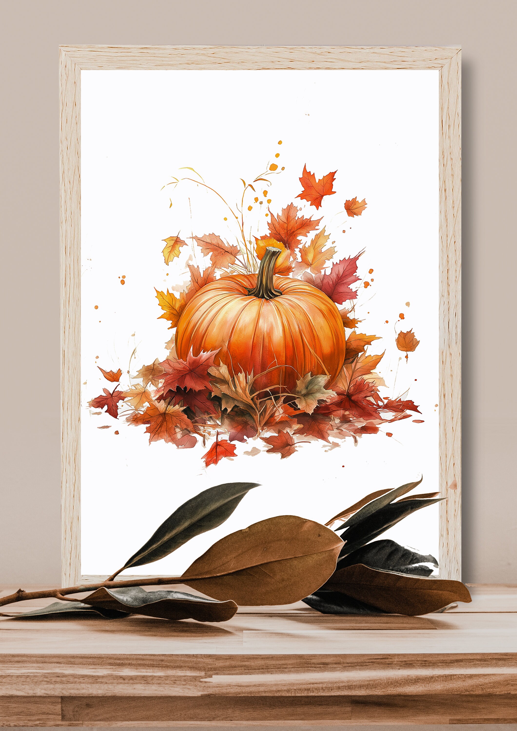 Autumn Pumpkin Watercolor Print - Fall Leaves & Harvest Decor - Digital ...