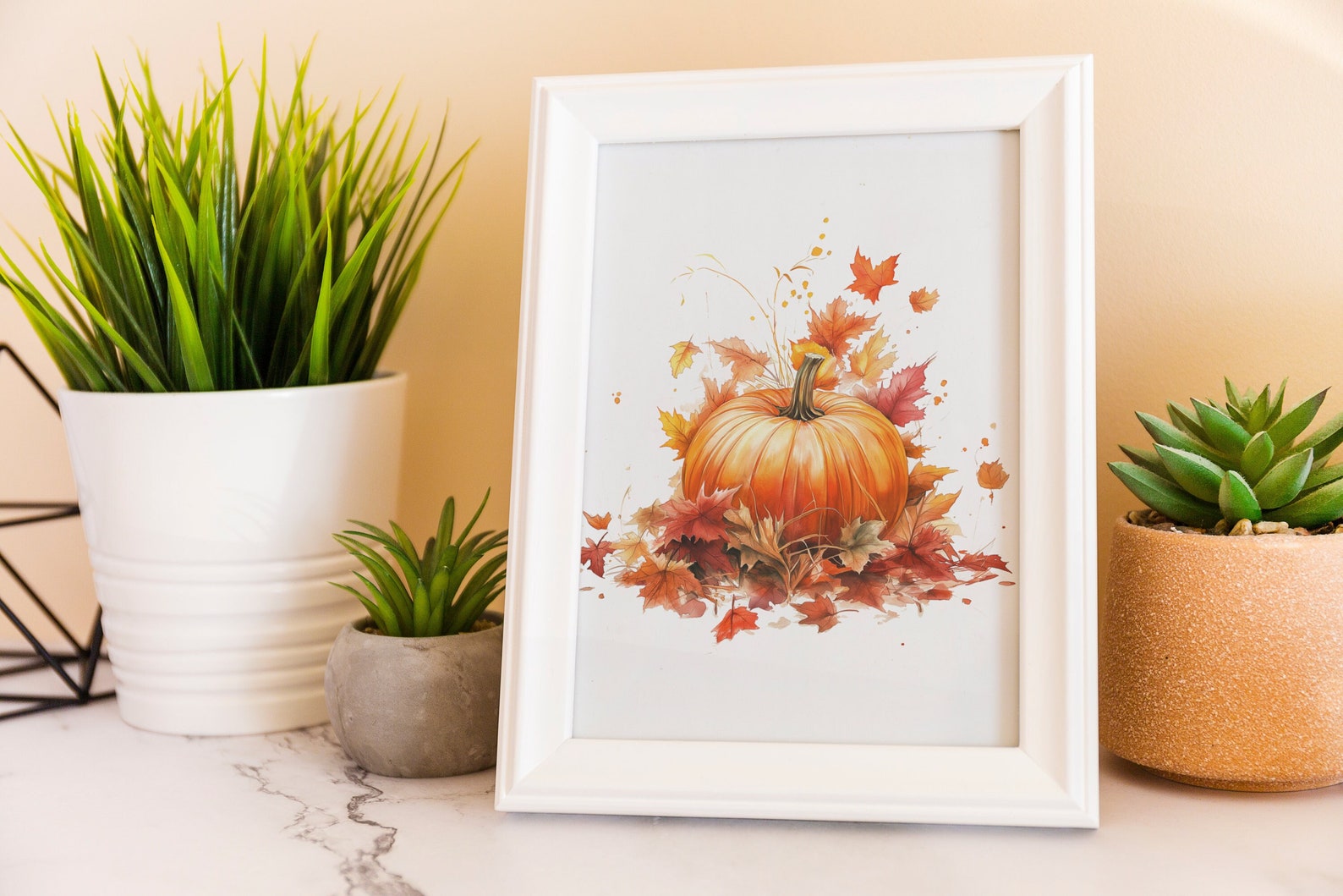 Autumn Pumpkin Watercolor Print - Fall Leaves & Harvest Decor - Digital ...